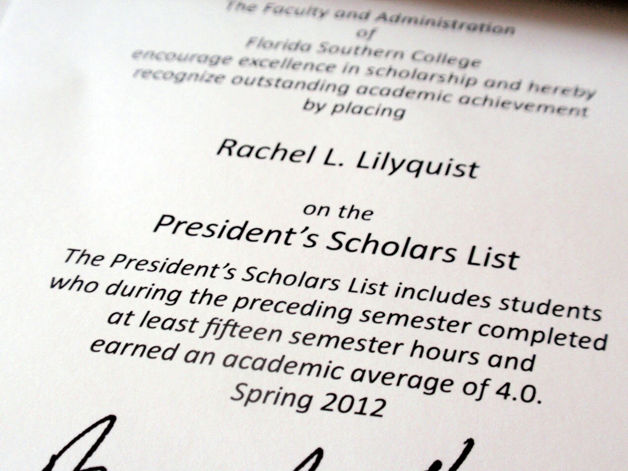 President’s Scholars List – Rachel Leigh Lilyquist